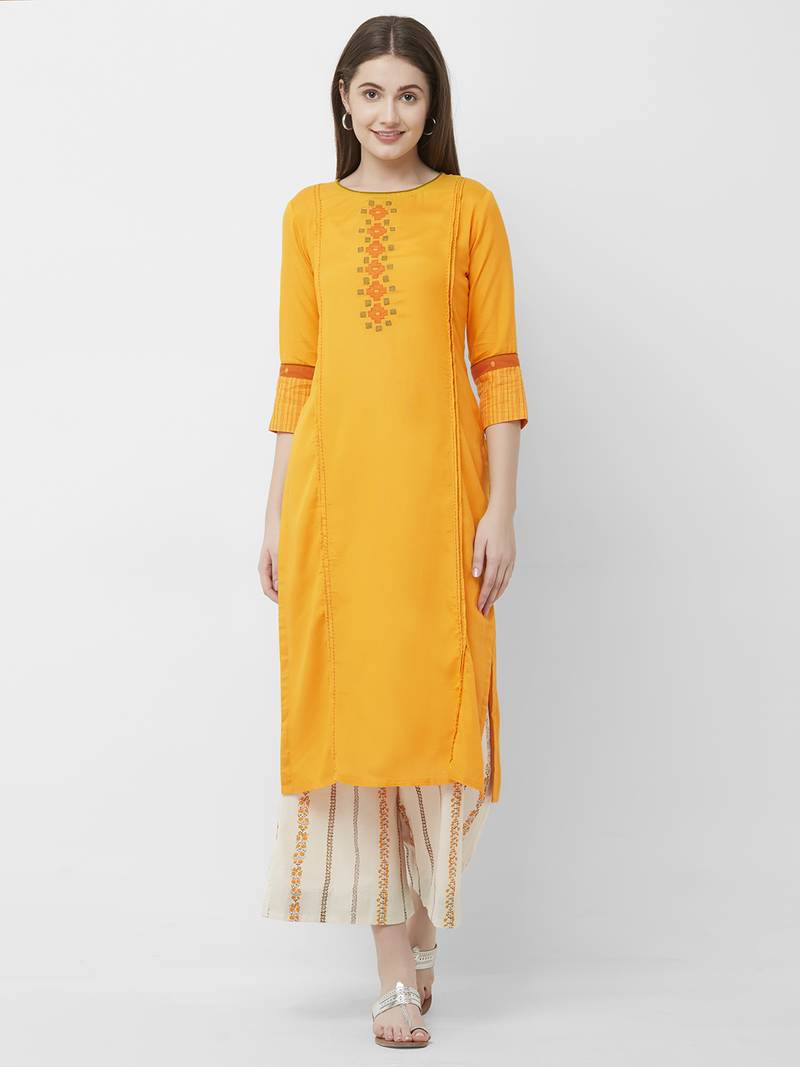 Yellow embroidered cotton kurtas-and-kurtis - DISHA - 3095684
