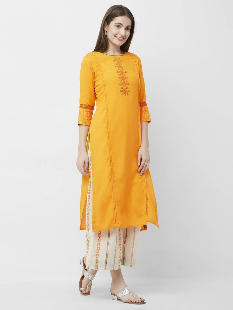 Yellow embroidered cotton kurtas-and-kurtis - DISHA - 3095684