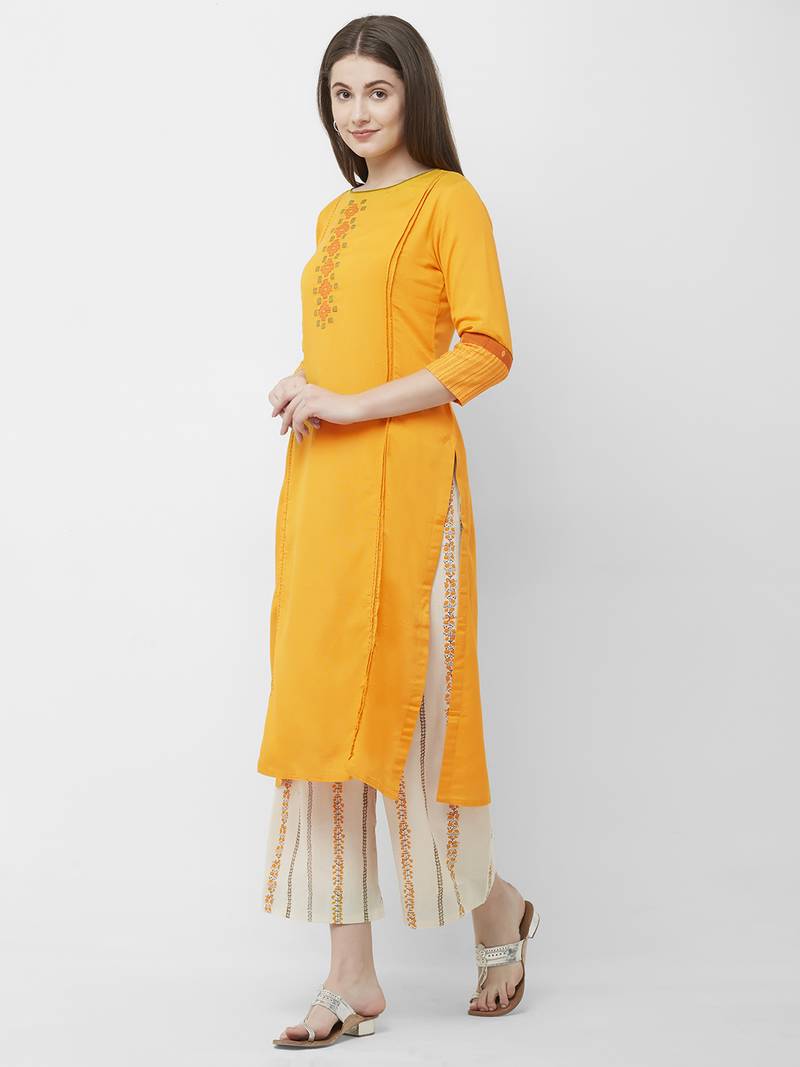 Yellow embroidered cotton kurtas-and-kurtis - DISHA - 3095684
