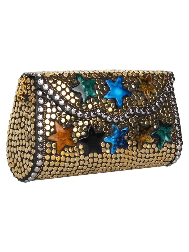 Jewel Mosaic Metal Clutch Gold and Multicolour - Anekaant - 3096345