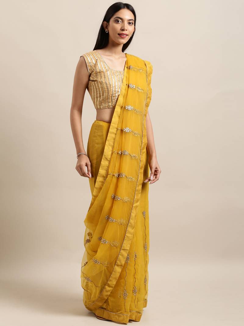 Yellow Embroidered Organza Saree With Blouse - AASVAA FASHION - 3086792