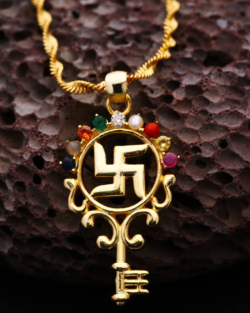 Key Shaped Swastik Navratan Pendant - Voylla - 3097857