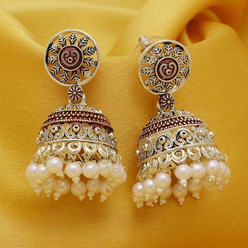 Silver pearl jhumkas - Sukkhi Online Private Limited - 3099084