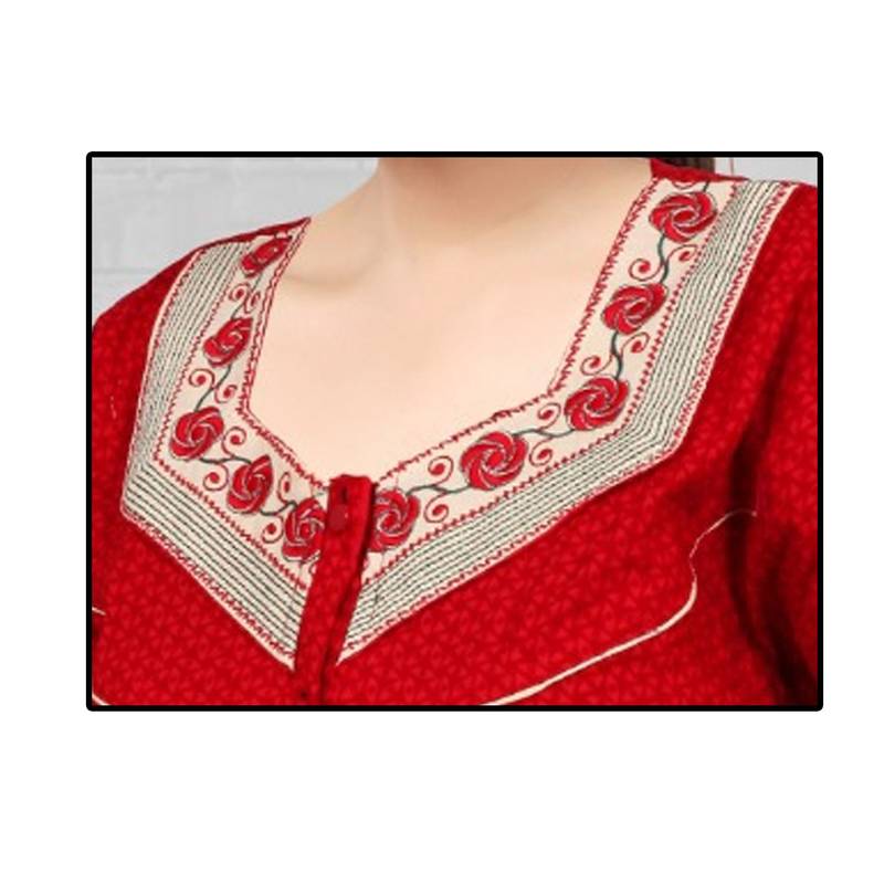 Red colour Embroidery Printed Square Neck Cotton Nighty For Ladies ...
