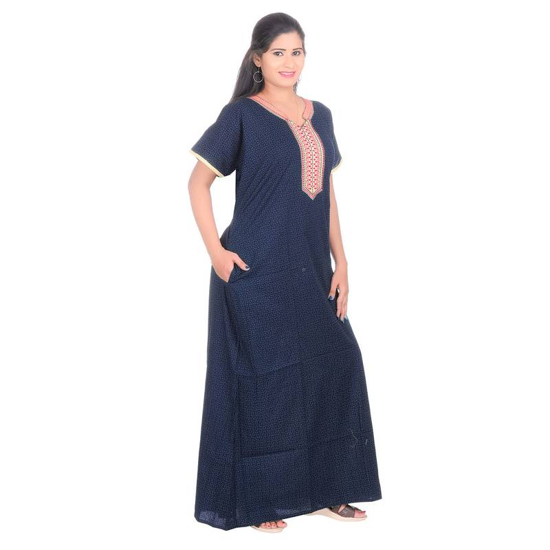 Blue colour A Line Embroidery Printed Collar Neck Cotton Nighty For ...