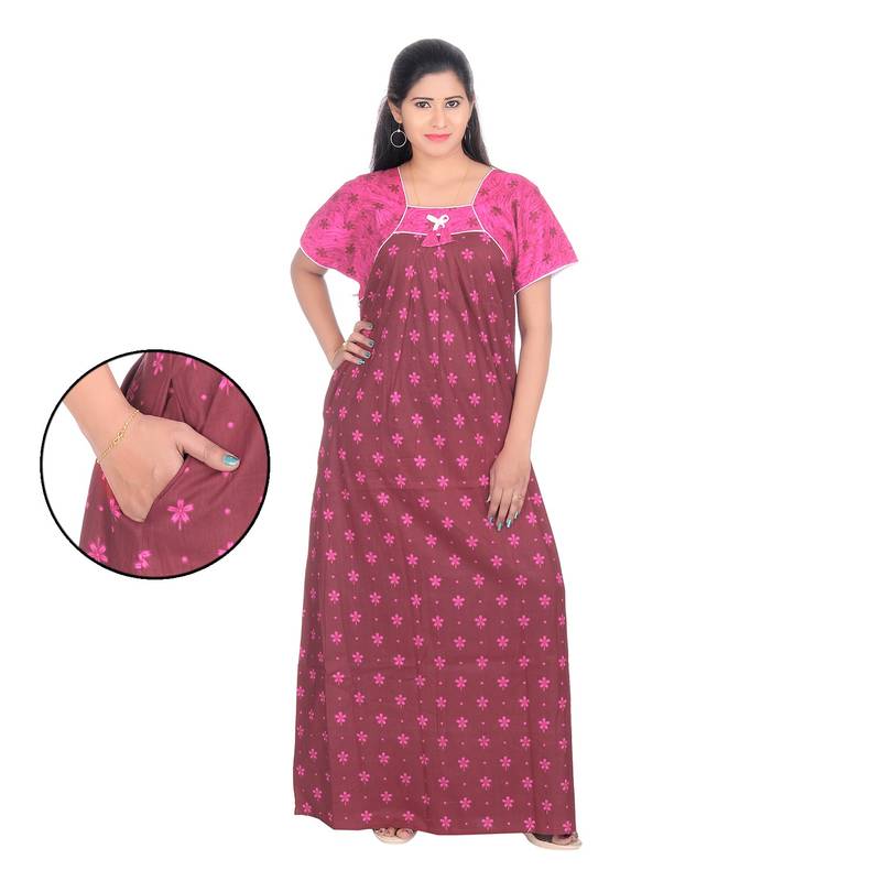 Pink colour Floral Design Printed Square Neck Cotton Nighty For Ladies ...