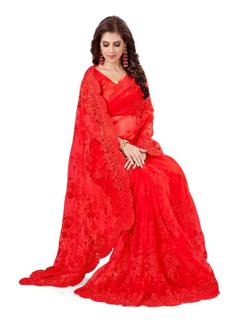 Red Embroidered Net Saree With Blouse - KAD CREATIONS - 3101045