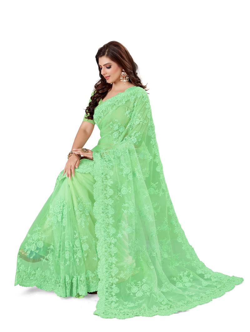 Green Embroidered Net Saree With Blouse - KAD CREATIONS - 3101056