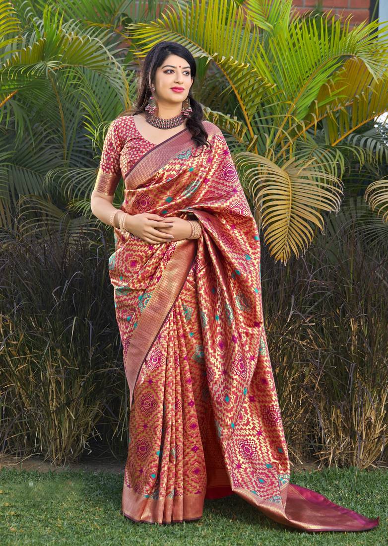 Dark pink woven art silk sarees saree with blouse - Varni Fabrics - 3103802