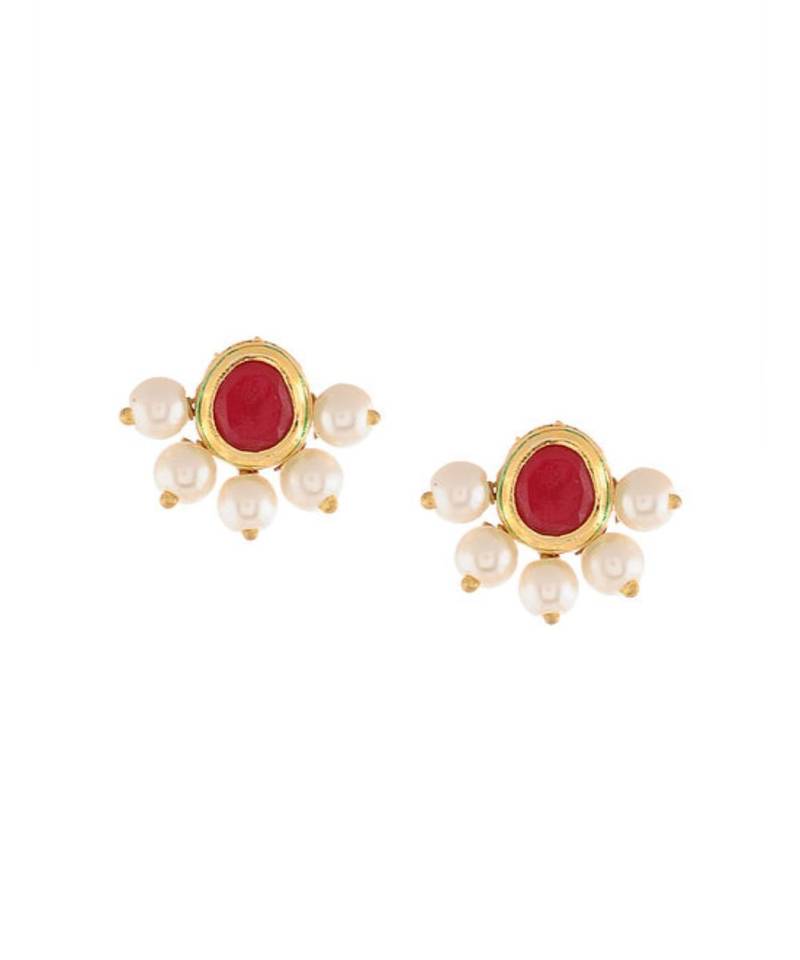 Ruby Red Faux Polki Studs - Glitterati by Alankriti - 3104431