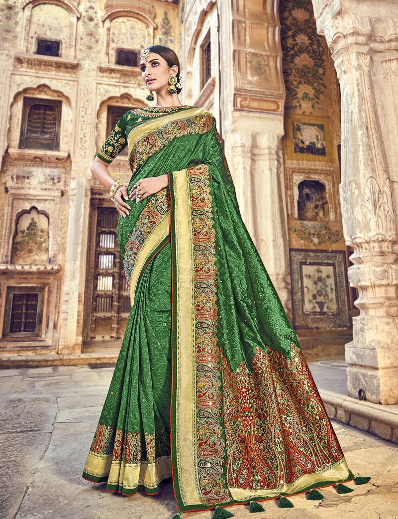 Dark green embroidered silk saree with blouse - Lilots - 3109195
