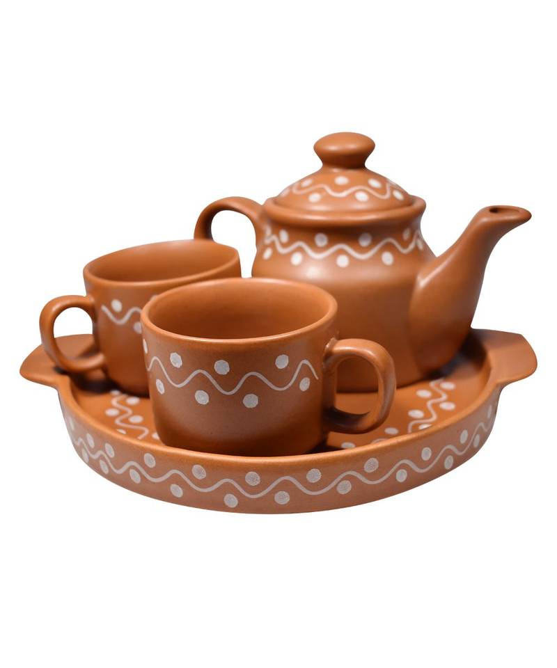 Handmade & Painted Ethnic Tea Pot Set In Ceremic ( Tray, 2 cups, kettle ...