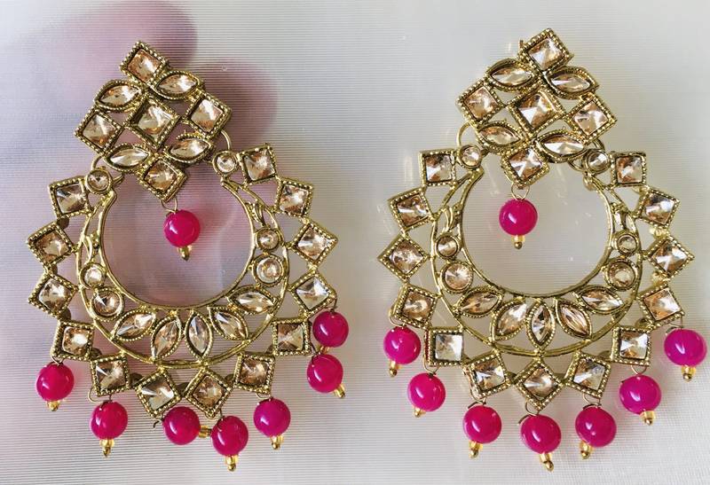 Gold Plated Chand Bali Dangler Ruby Red Drops Bollywood Earrings Pair ...