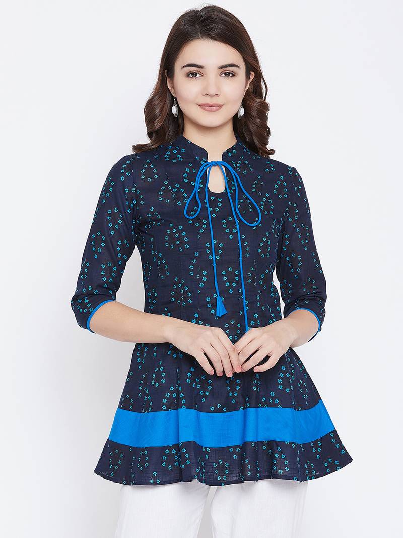 Navy-blue printed cotton short-kurtis - PANIT - 3113435