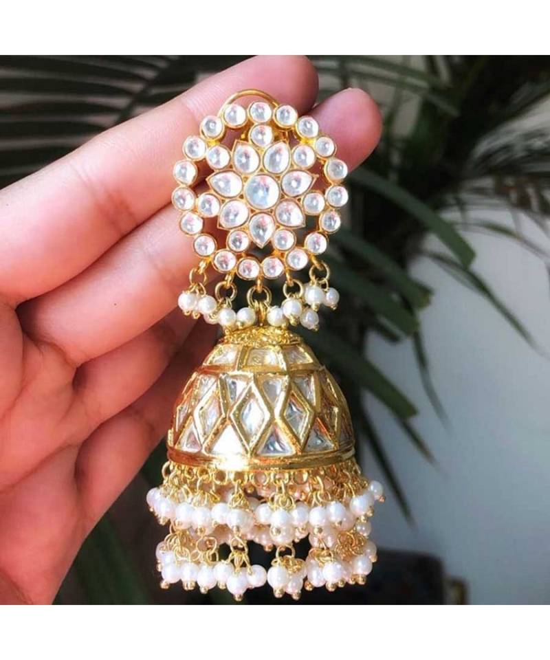 Kundan And Shell Pearls Polki Jhumkas - Glitterati by Alankriti - 3114168