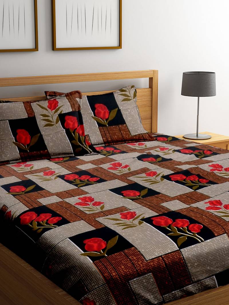 Brown floral print bed sheets with two pillow cover - Cortina - 3116264