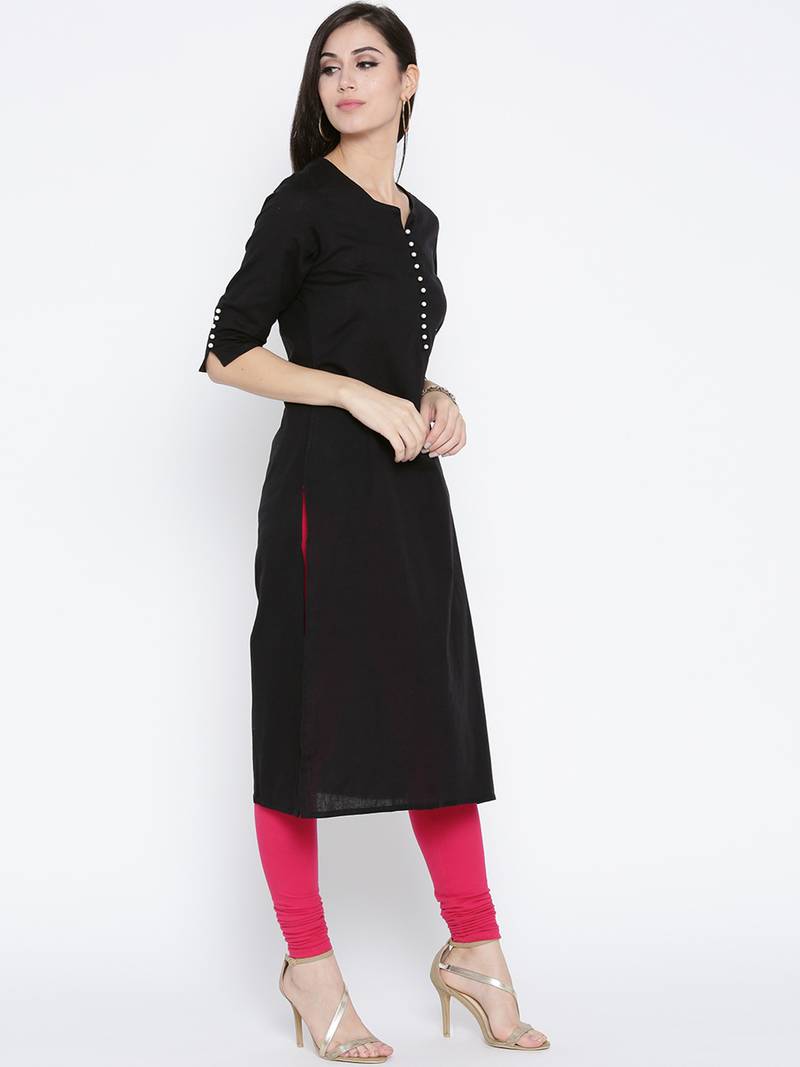 Black plain cotton long-kurtis - SHREE - 3116910