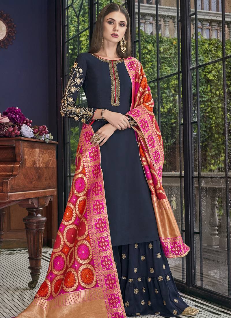 Navy Blue Silk Blend Pakistani Salwar Kameez - Vasu Sarees - 3117802