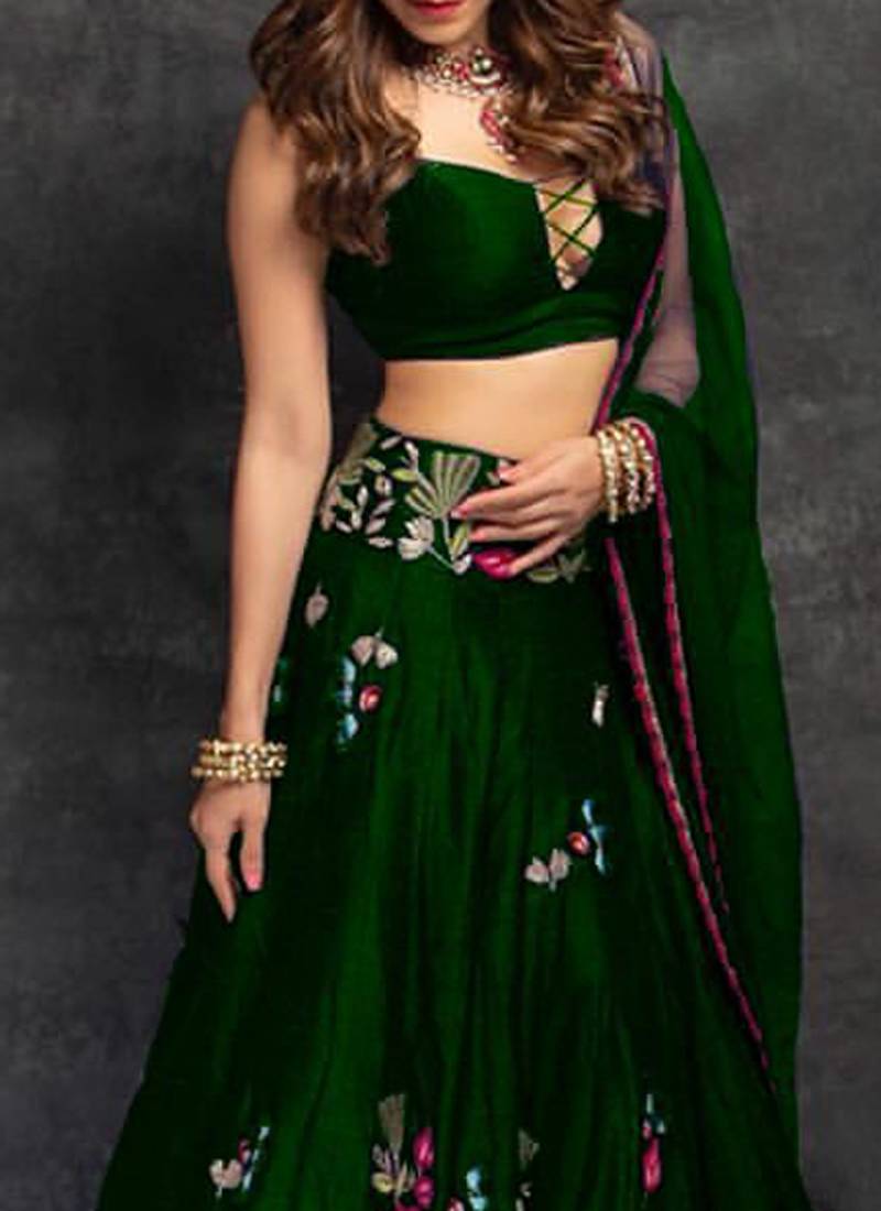 Green Plain Silk Unstitched Lehenga - Rajasthanibazar - 3117868