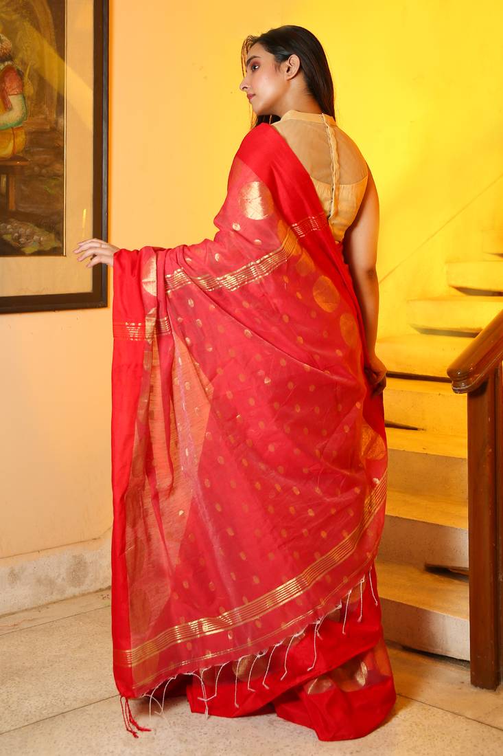 Red Handloom Saree With Gold Pokla Dot Weaving And Plain Border ...