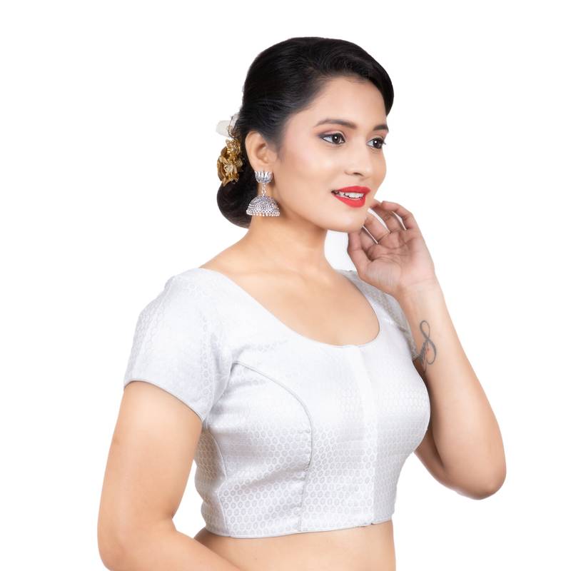 Silver Brocade Short Sleeves Readymade blouse - Biyu - 3118064