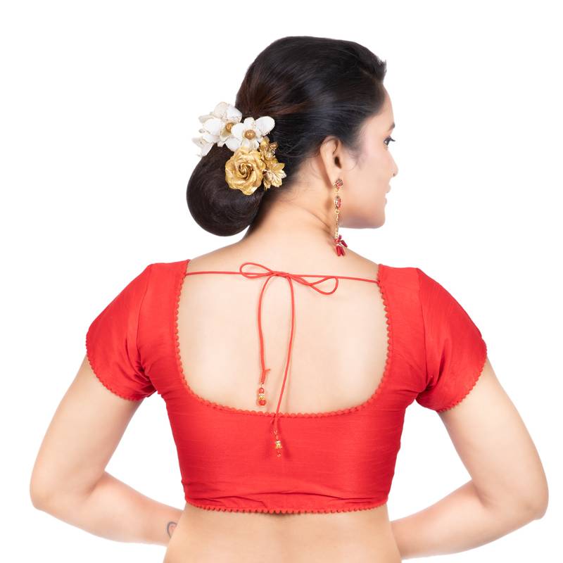 Red Raw Silk Plain Readymade blouse - Biyu - 3118093
