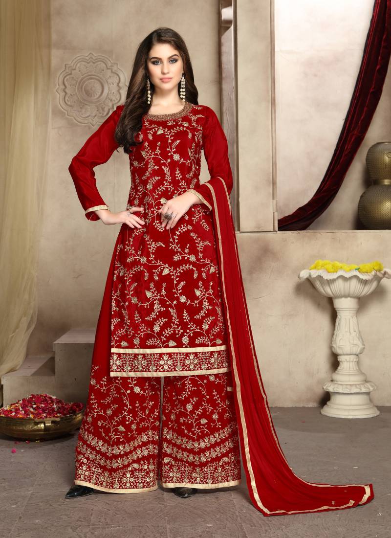 Red embroidered uppada silk salwar - Monjolika - 3119467
