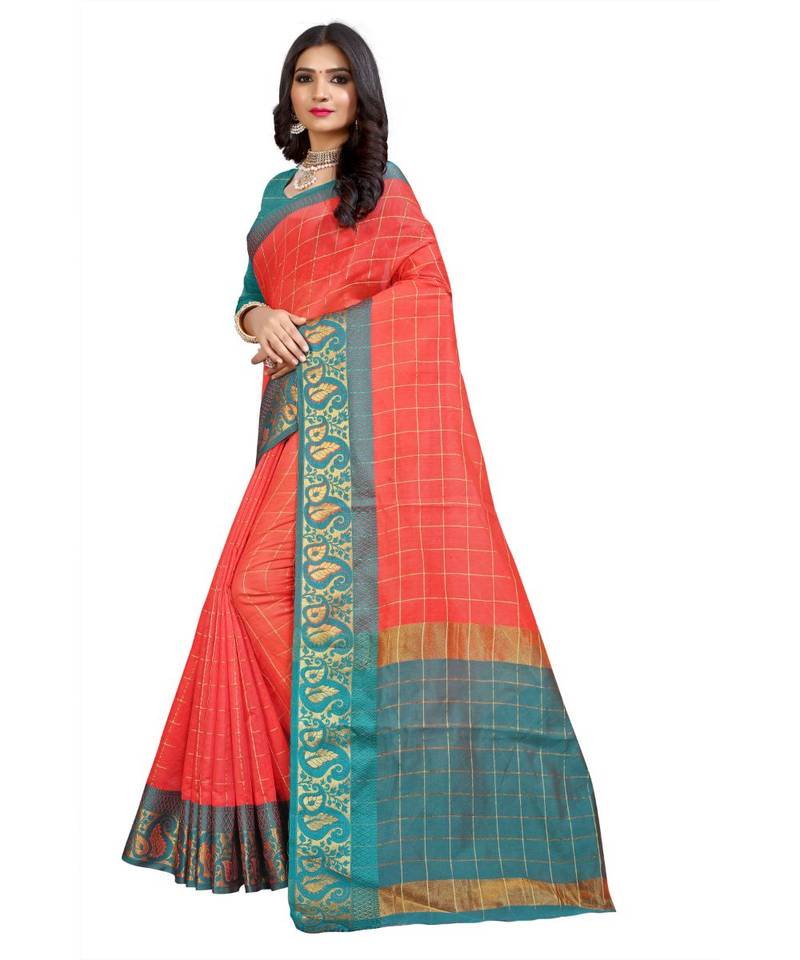 Women's Peach Checkered Chanderi Cotton Zari work Saree - justfashion ...