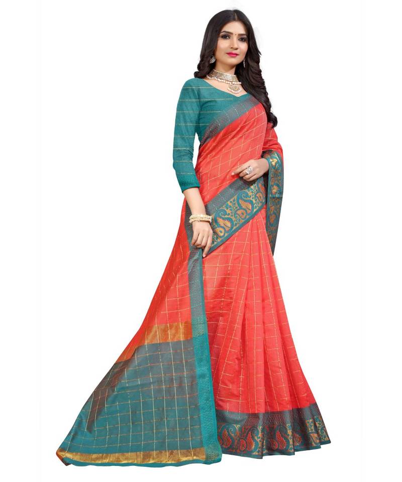 Women's Peach Checkered Chanderi Cotton Zari work Saree - justfashion ...