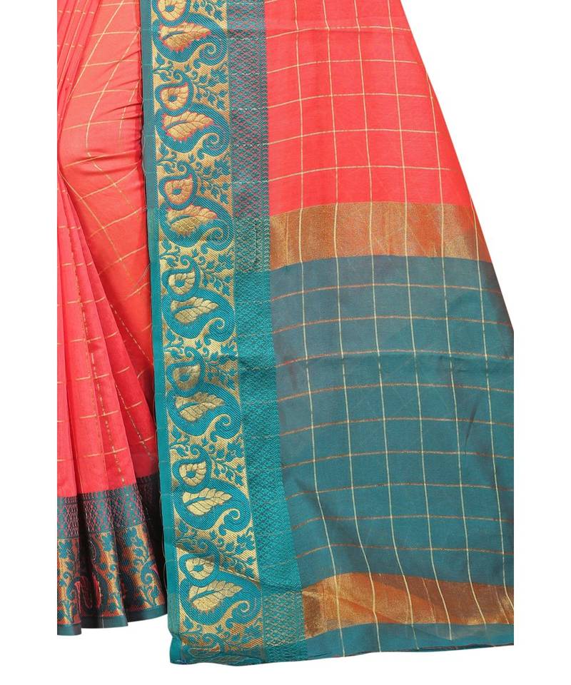 Women's Peach Checkered Chanderi Cotton Zari work Saree - justfashion ...