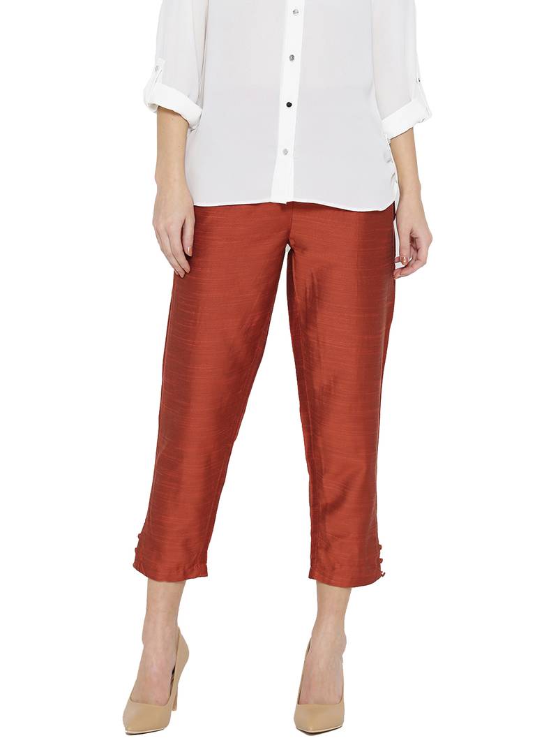 Women Rust Polysilk Solid Trouser - Shree The Indian Avatar - 3121705