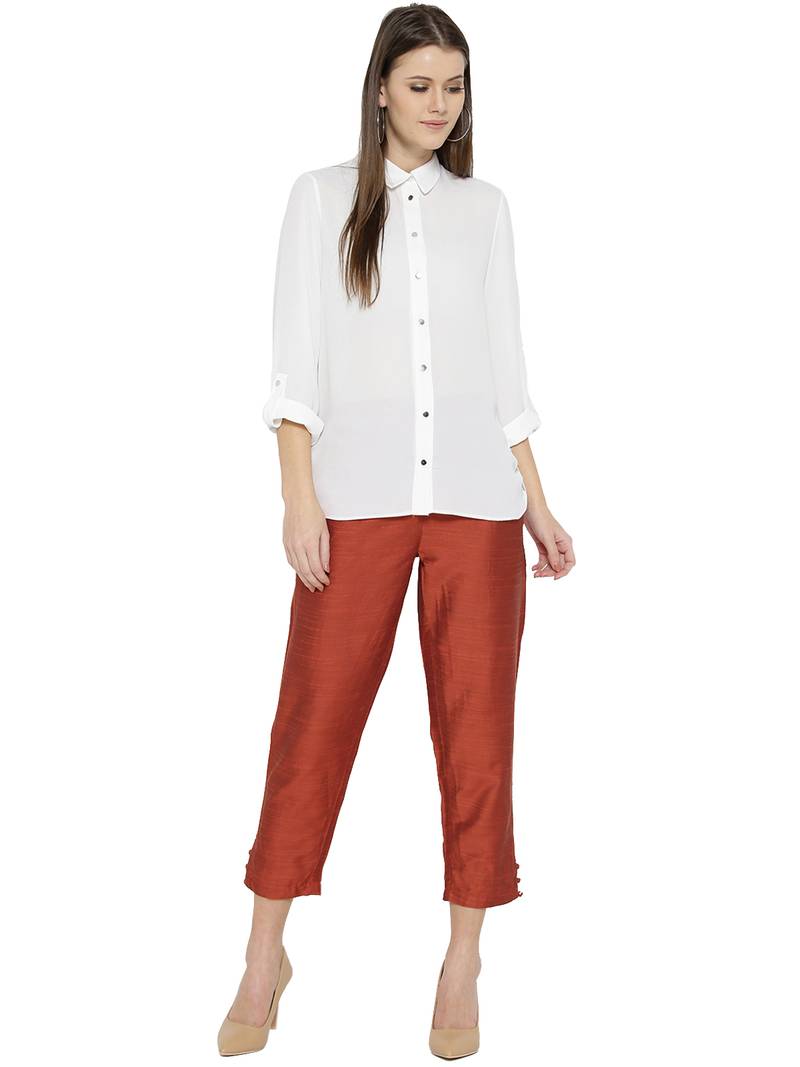 Women Rust Polysilk Solid Trouser - Shree The Indian Avatar - 3121705