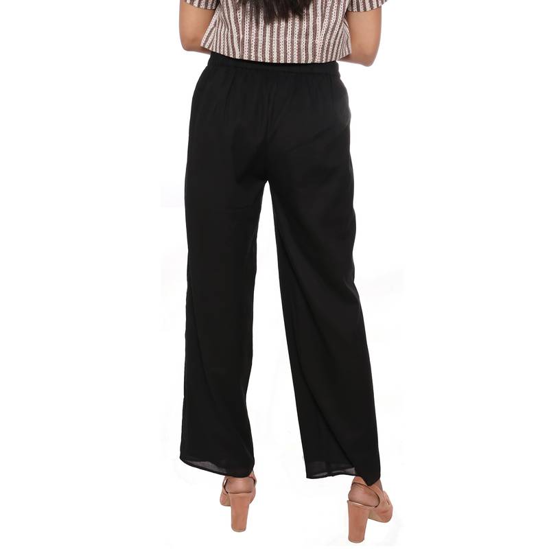 Women Black Solid Cotton Double Layered Trouser - Suti - 3125251