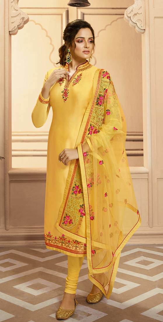Yellow embroidered satin salwar - VS Fab - 3125332