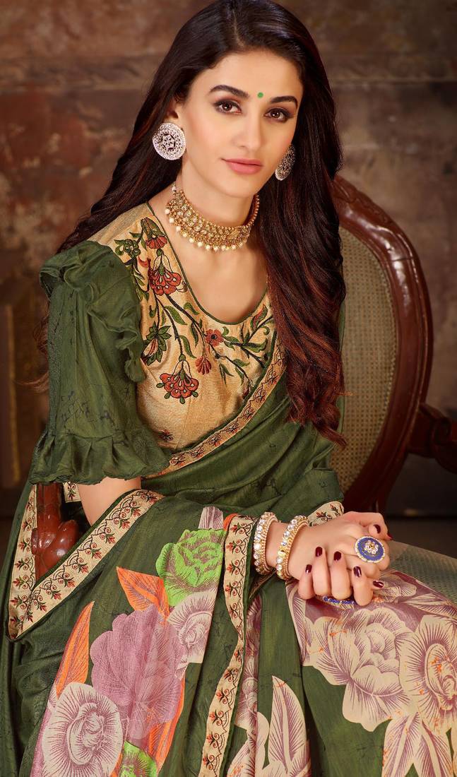 Mehendi printed silk saree with blouse - Lilots - 3127394