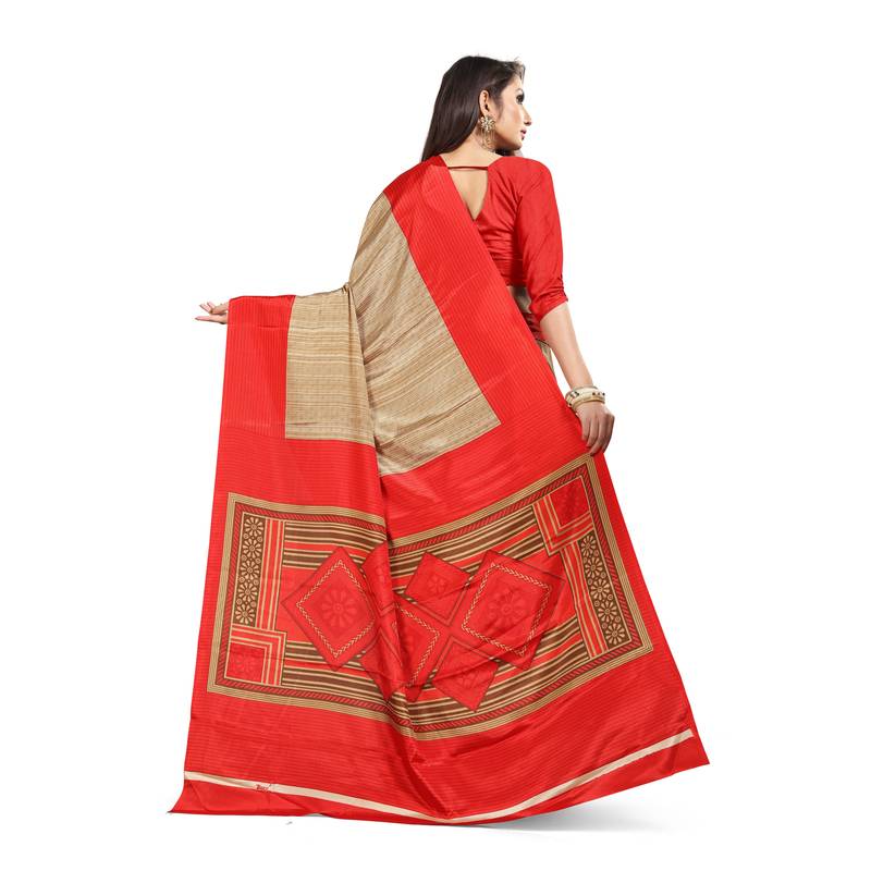 Red printed crepe saree with blouse - DORI - 3128803