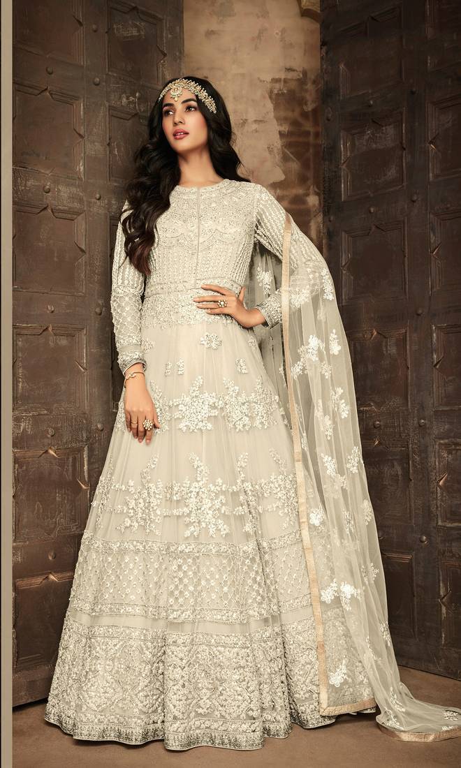 Off White Embroidered Net Salwar Semi Stitched - Royal villa - 3129247
