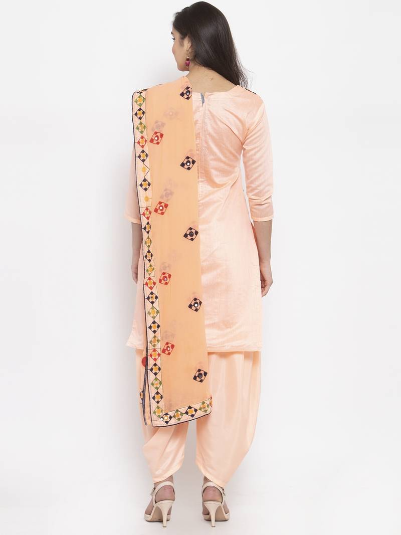 Peach Chanderi Silk Women's Unstitched Phulkari Dress Material - Mf ...