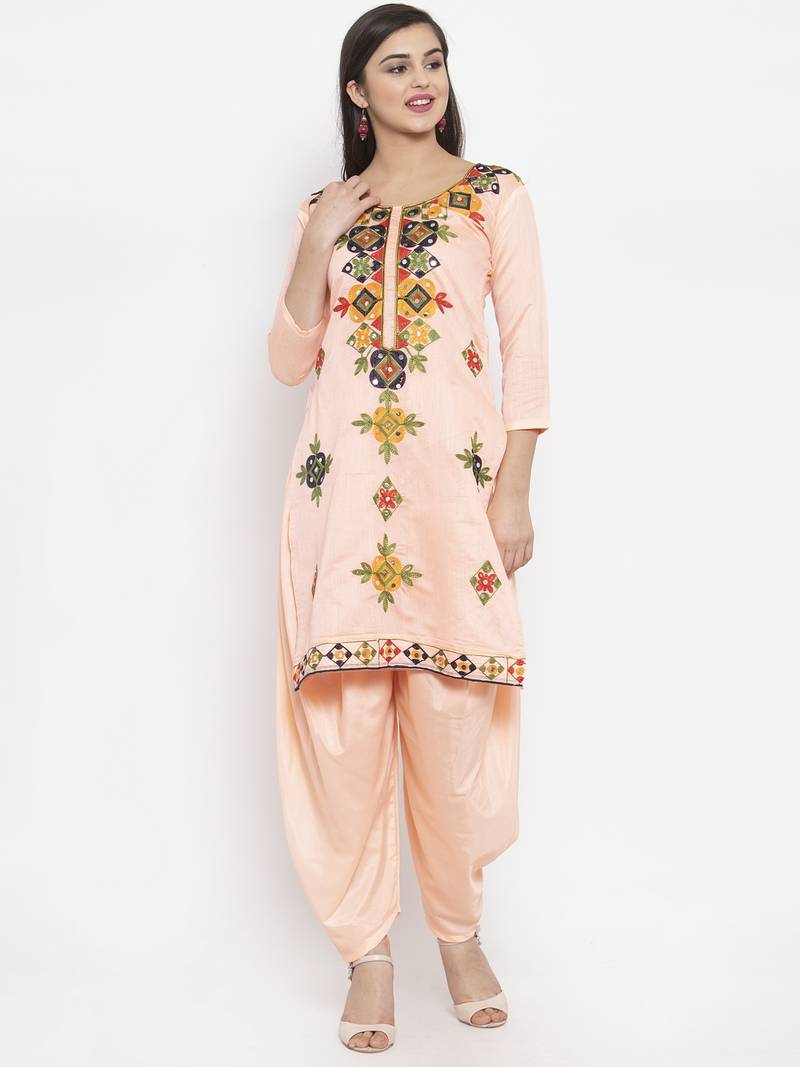 Peach Chanderi Silk Women's Unstitched Phulkari Dress Material - Mf ...