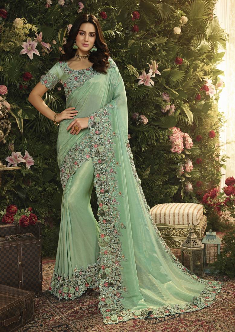 Light Cyan Embroidered Silk Saree With Blouse - SHILPA CREATION - 3133984