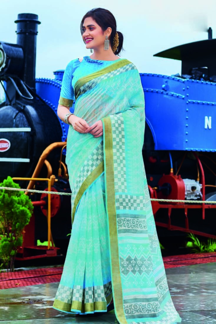 Sky blue woven cotton saree with blouse - Sangam Prints - 3134874