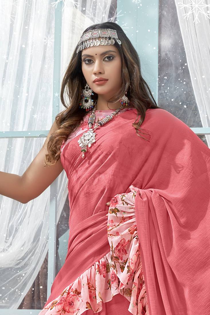 Pink plain chiffon saree with blouse - Triveni - 3136987