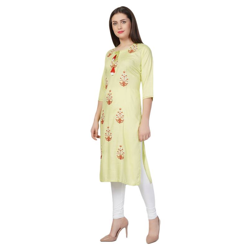 Light-green embroidered cotton embroidered-kurtis - Dipsha - 3137537