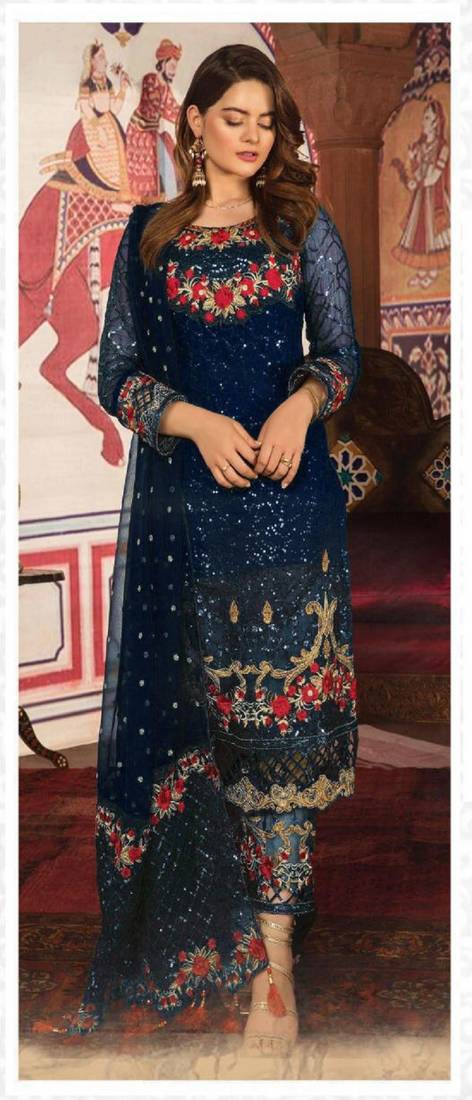 Blue embroidered georgette salwar semi stitched - TAGLINE SILK MILL ...