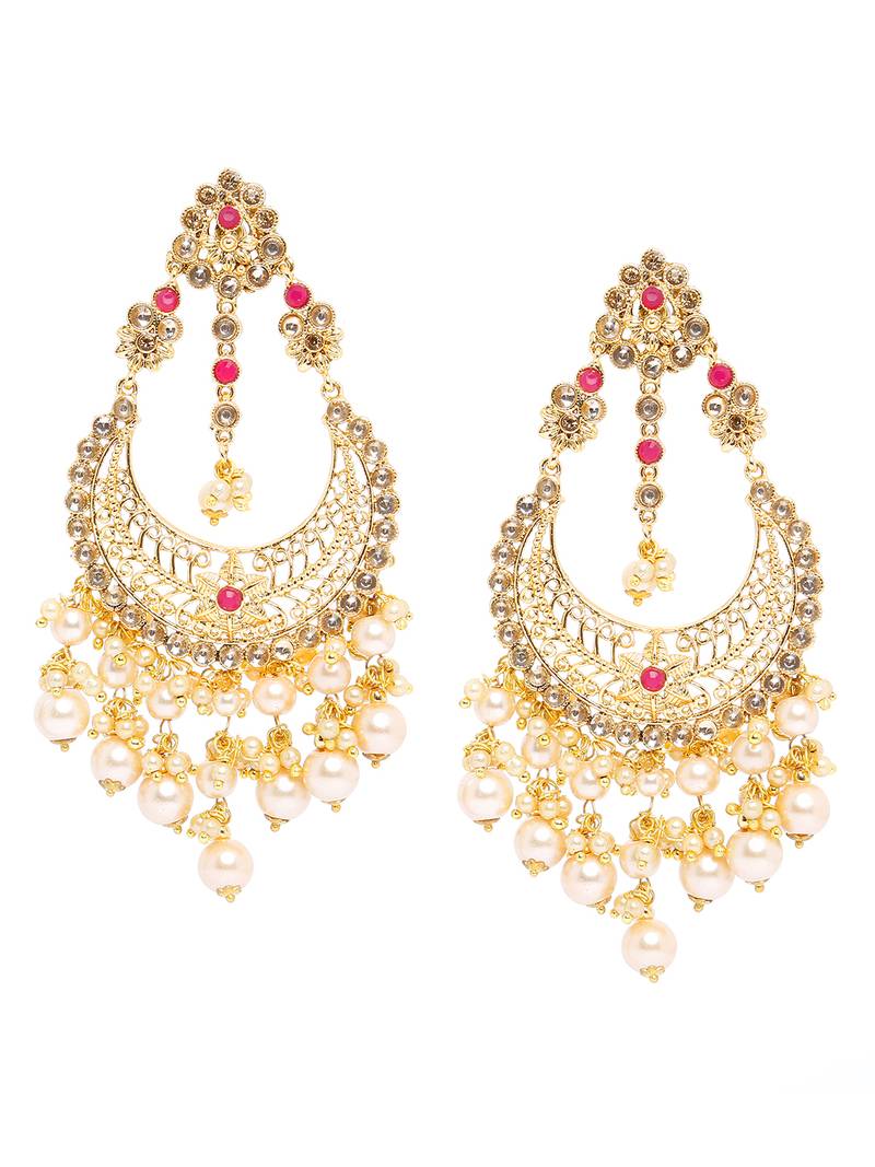 Traditional Gold Plated Kundan & Pearl Chandbali Earrings For Women And ...