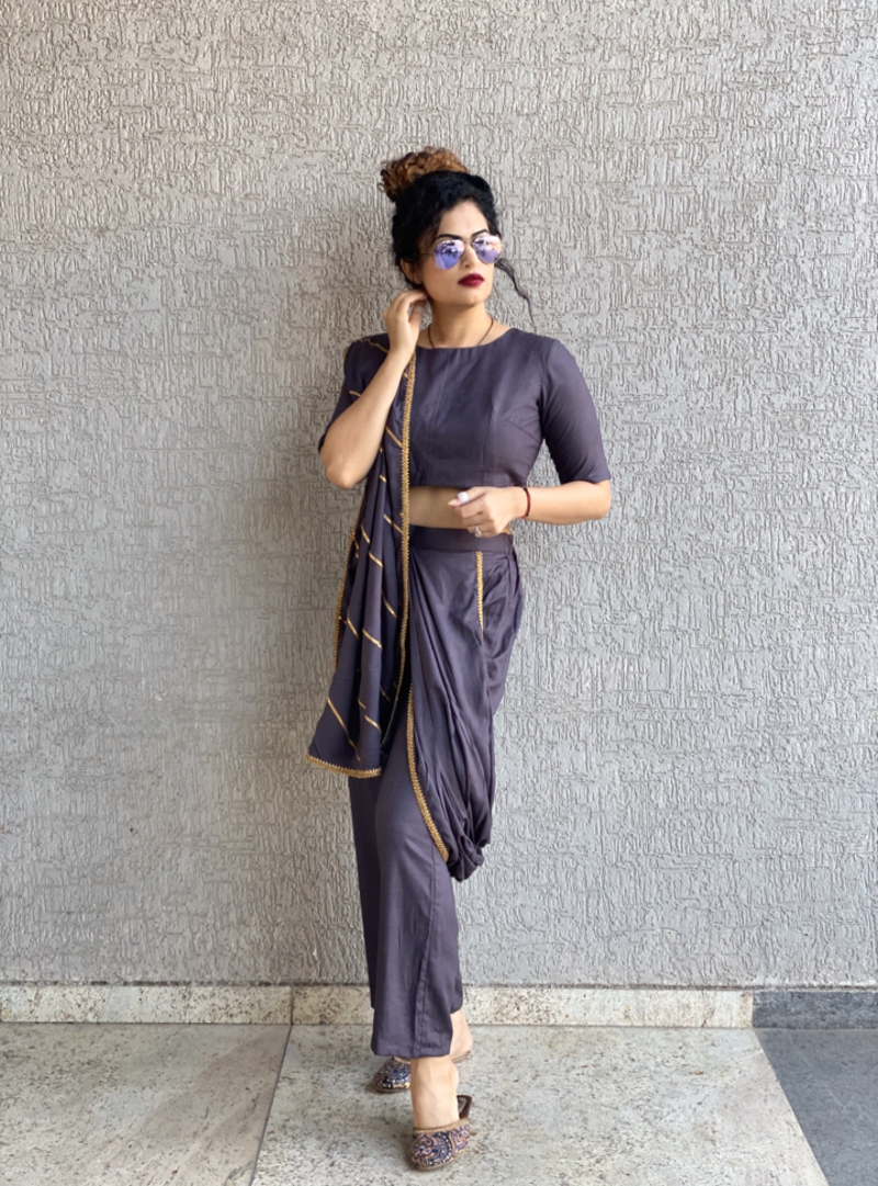 Grey Crop Top -Dhoti - Noopur Balia Barot - 3141678