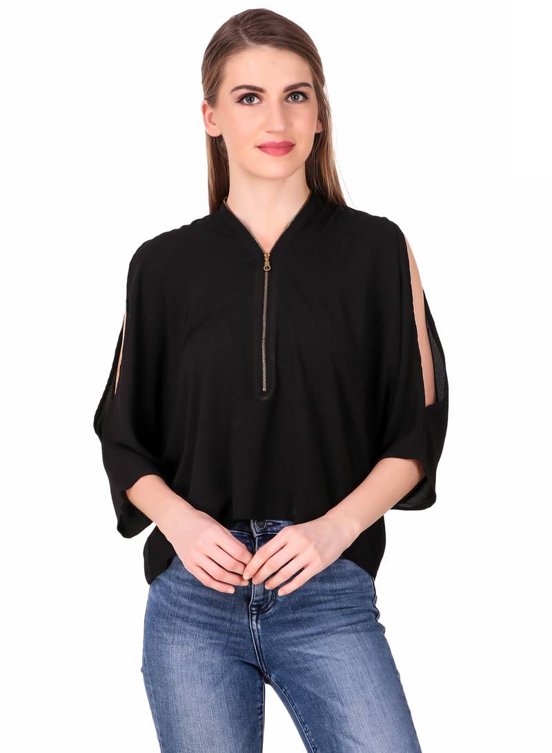 Black plain georgette party-tops - Goddess - 3147011