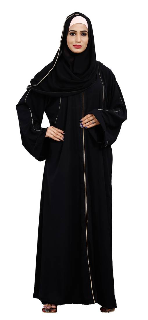 Justkartit Korean Slub Front Open Burqa With Golden Pipe Lace Work And ...