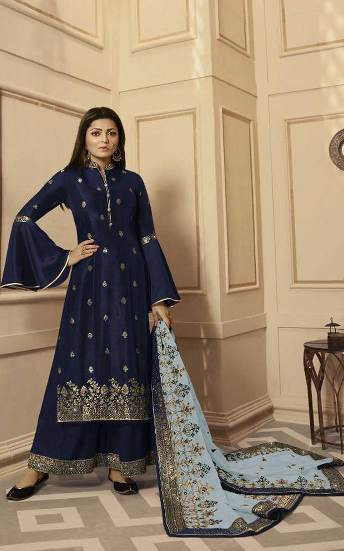 Blue embroidered silk salwar - Lilots - 3153307