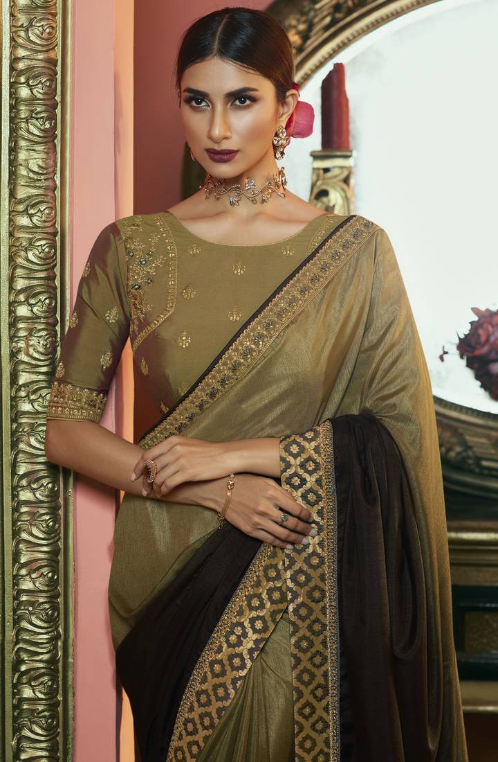 Mehendi embroidered silk saree with blouse - Lilots - 3153333